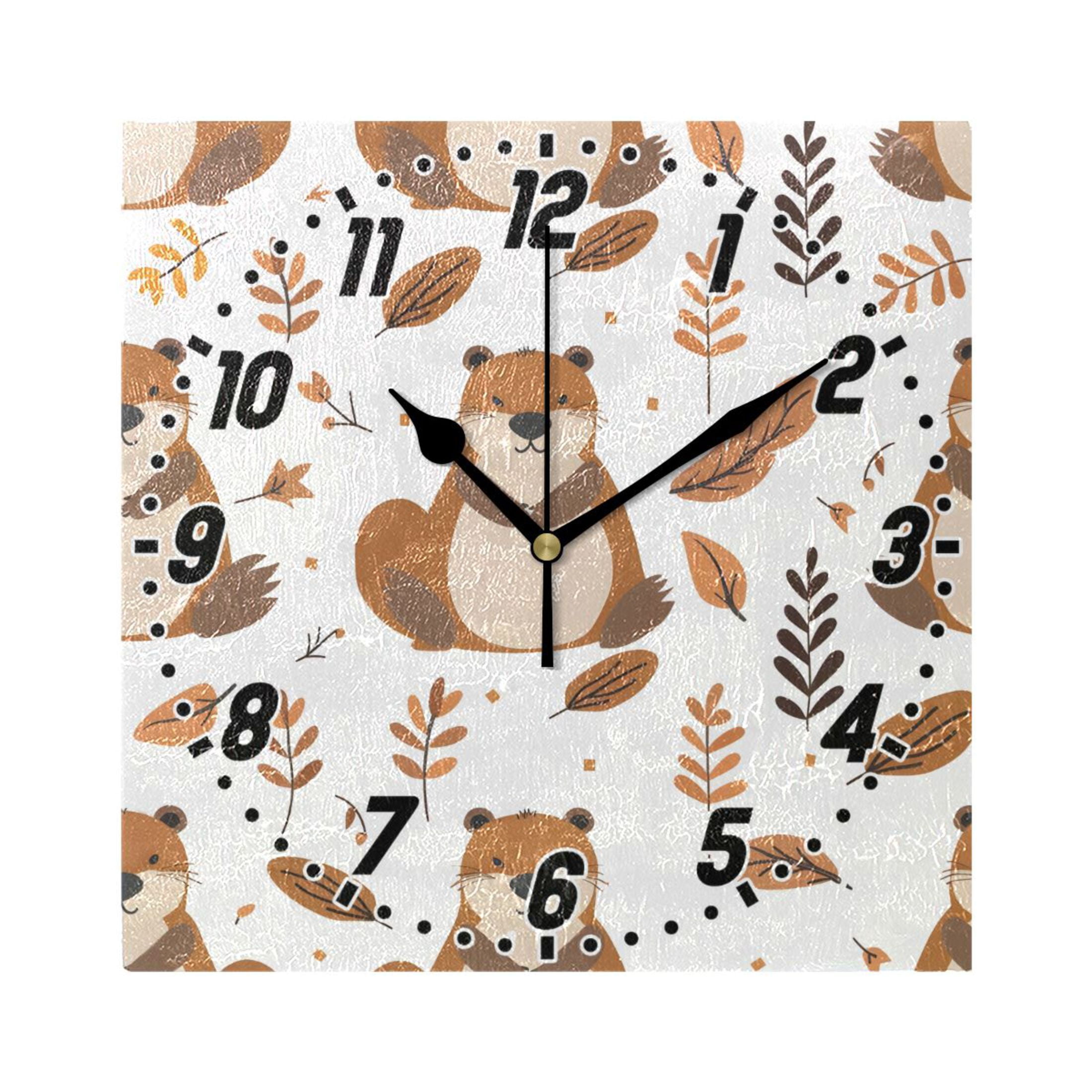 Cute Beaver and Leaf Wall Clock Battery Operated Silent Non-Ticking ...