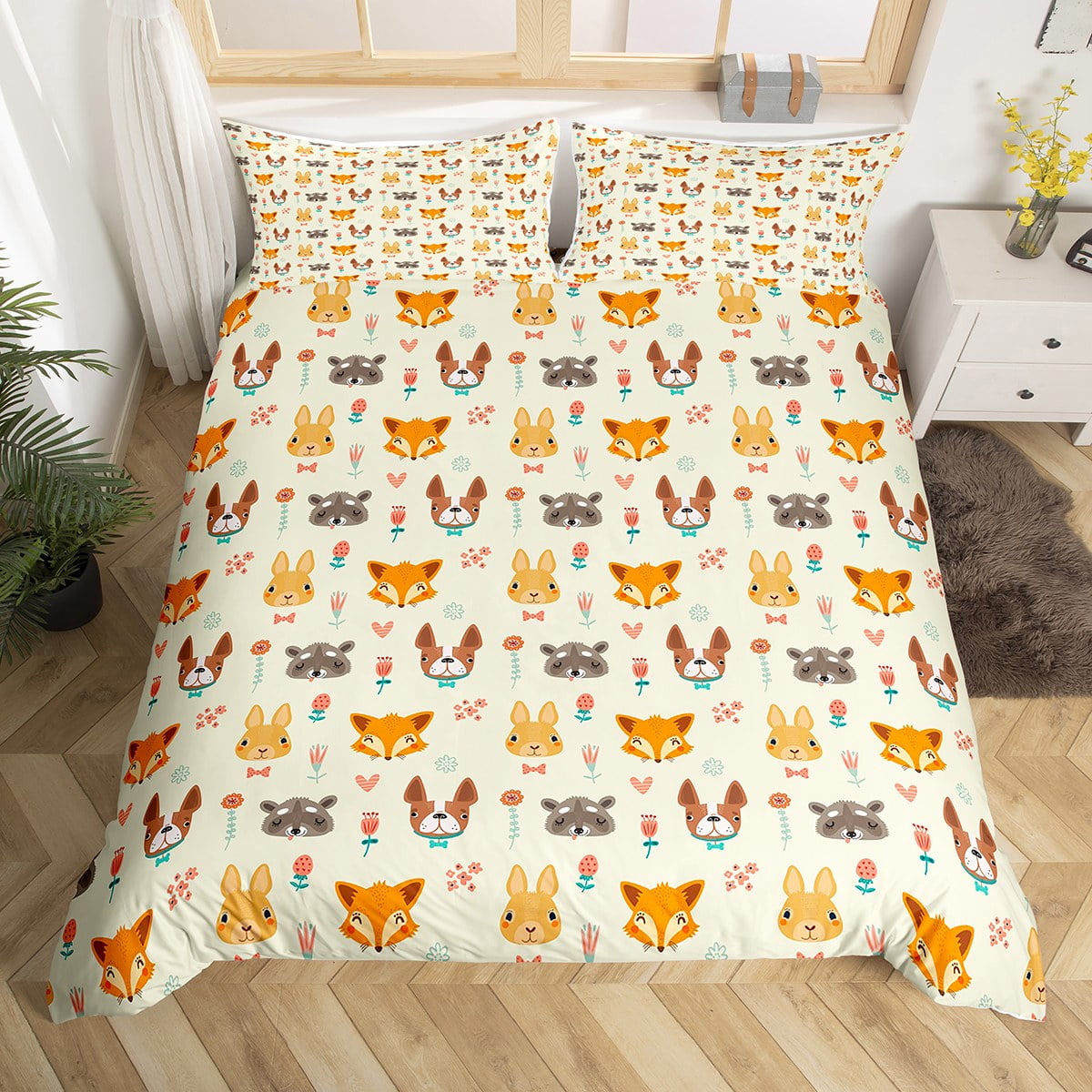 Cute Bedding Set Fox Rabbit Comforter Cover for Kids Toddler,Raccoon ...