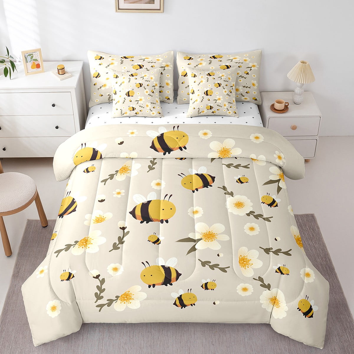 Cute Bee 7Pcs Comforter Set Queen,Daisy Floral Bedding Set for Kids ...