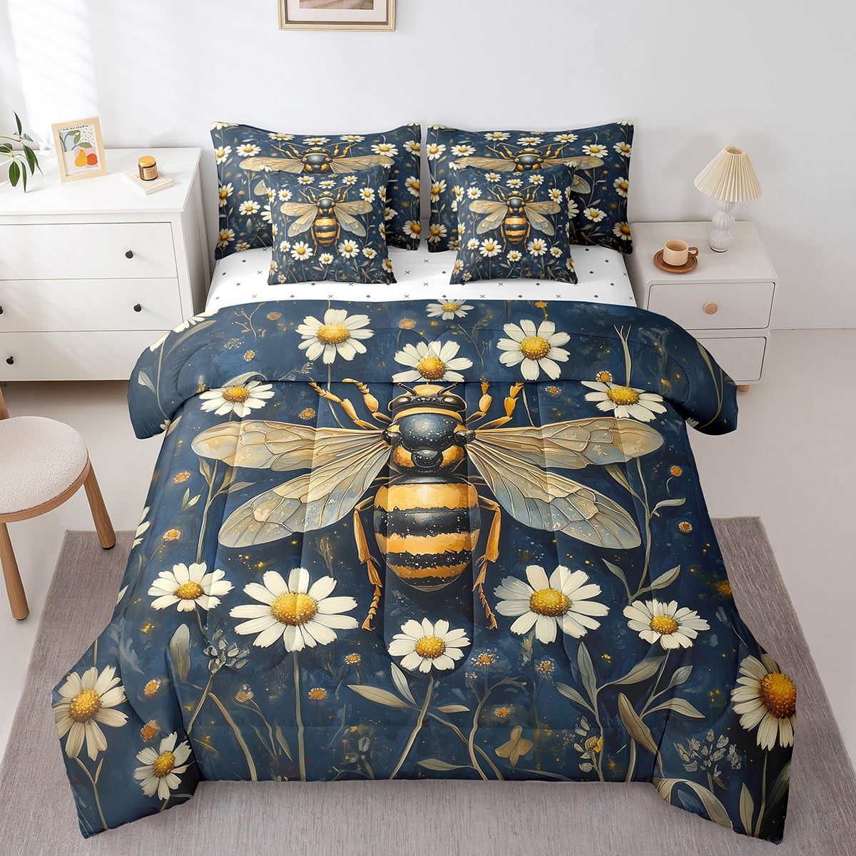 Cute Bee 7Pcs Comforter Set Queen,Daisy Flower Bedding Set Adult ...