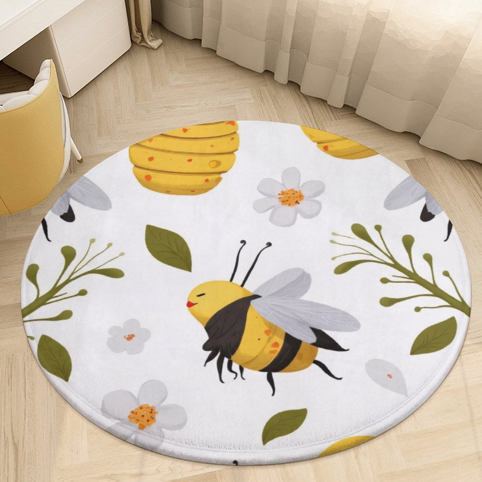 Cute Bee And Flower Pattern Round Area Rugs for Bedroom Living Room ...