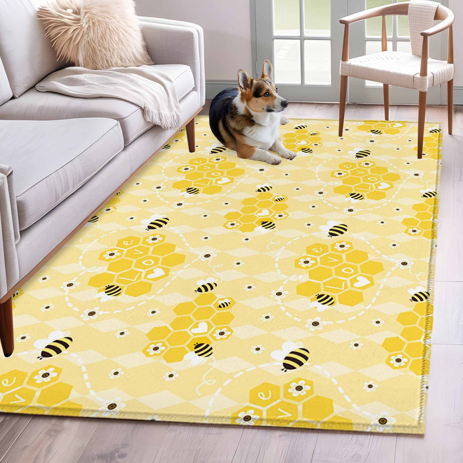Cute Bee Area Rugs 3x5 ft Love Honeycomb Heart Yellow Background ...