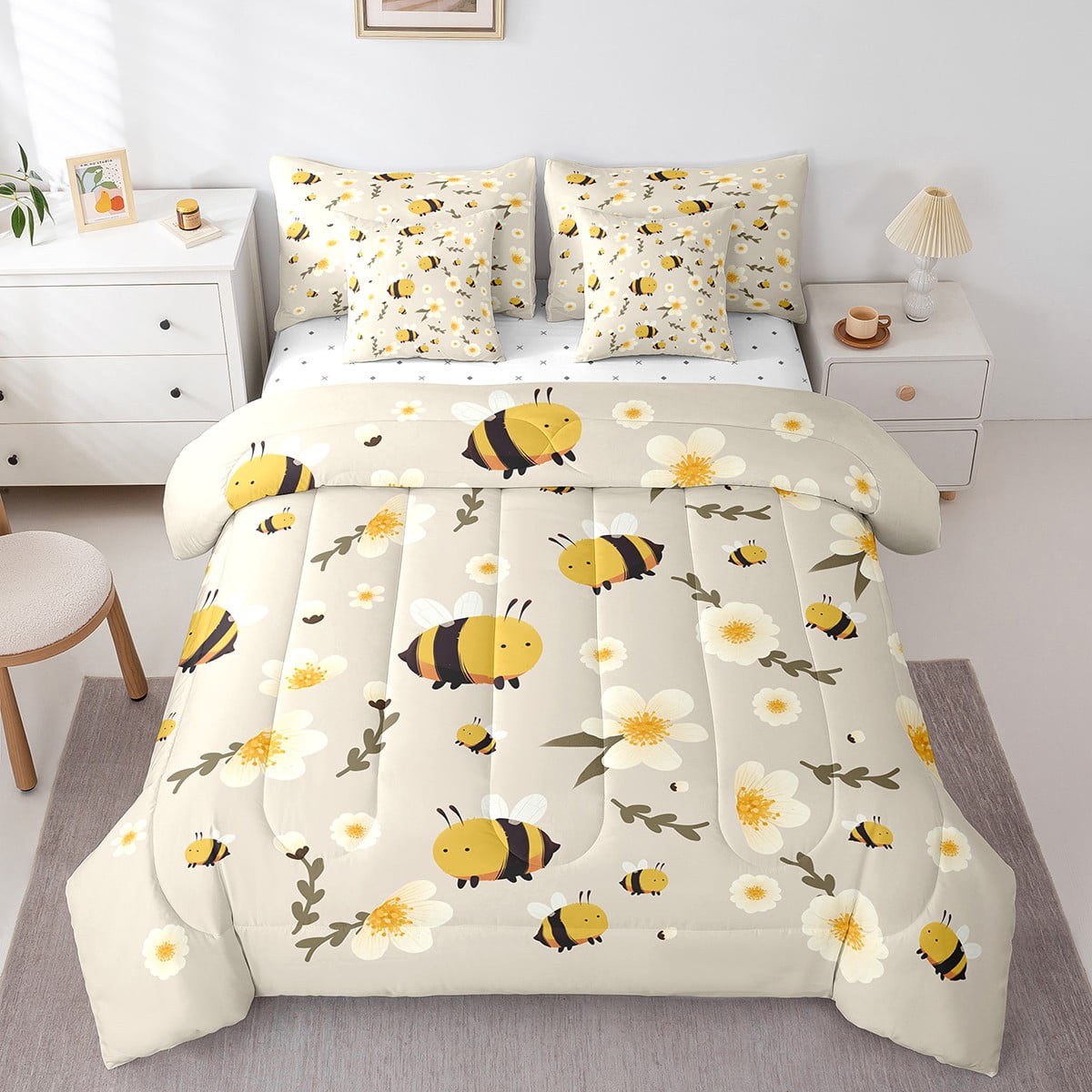 Cute Bee Bedding Sets Full,Daisy Floral 7Pcs Comforter Set Teens Room ...