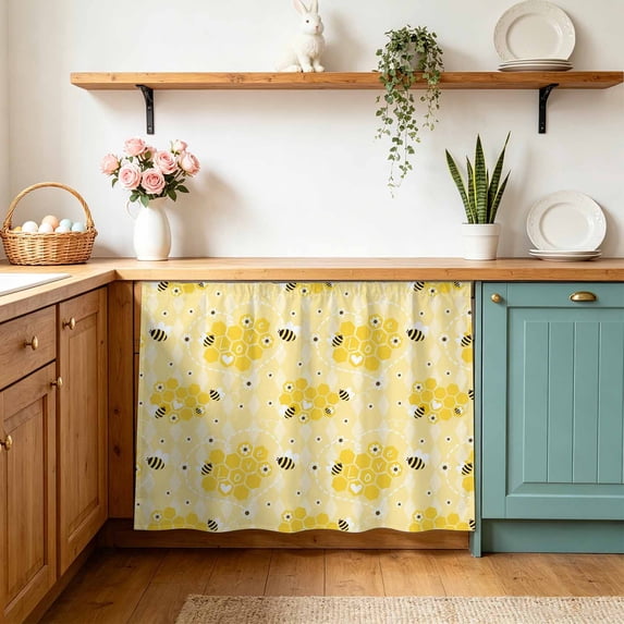 Cute Bee Cabinet Curtains 11" W x 13" L Love Honeycomb Heart Yellow ...