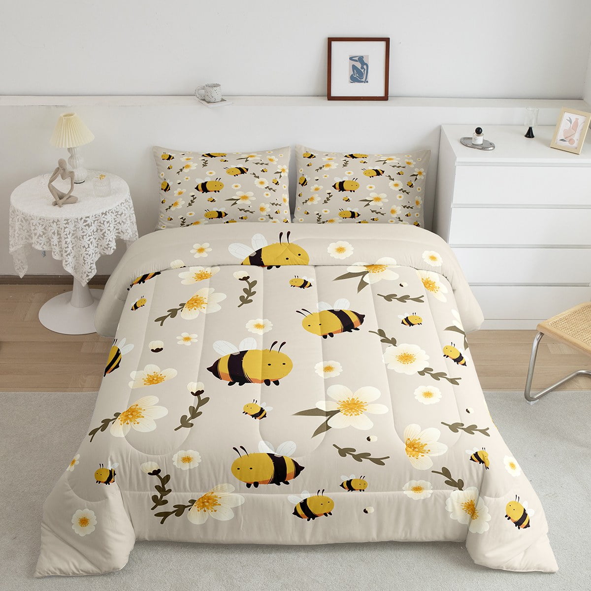 Cute Bee Comforter Set King Size,Daisy Floral Bedding Set 3Pcs Teens ...