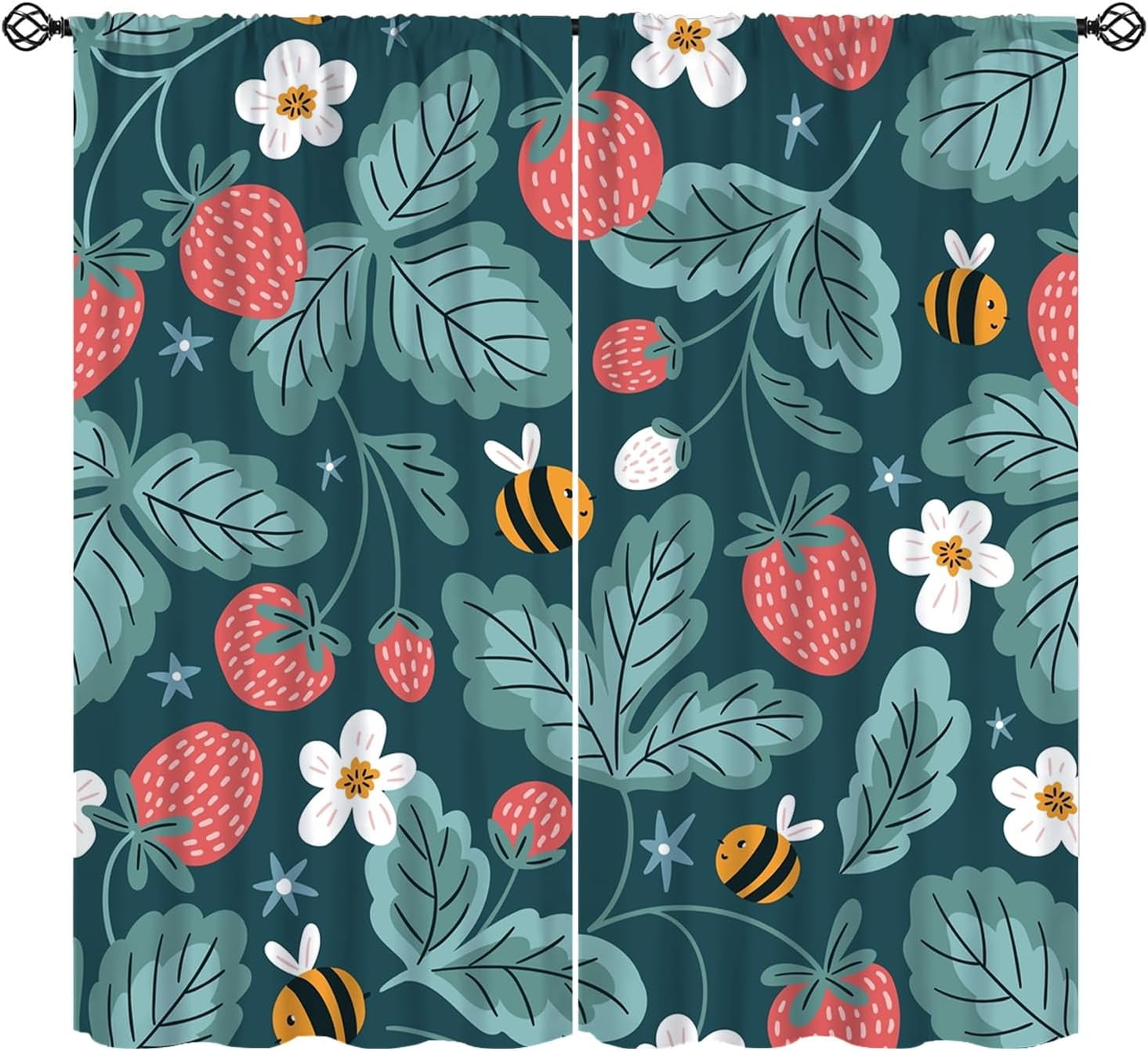 Cute Bee Curtains, Bee Strawberry Flower Farmhouse Country Window ...