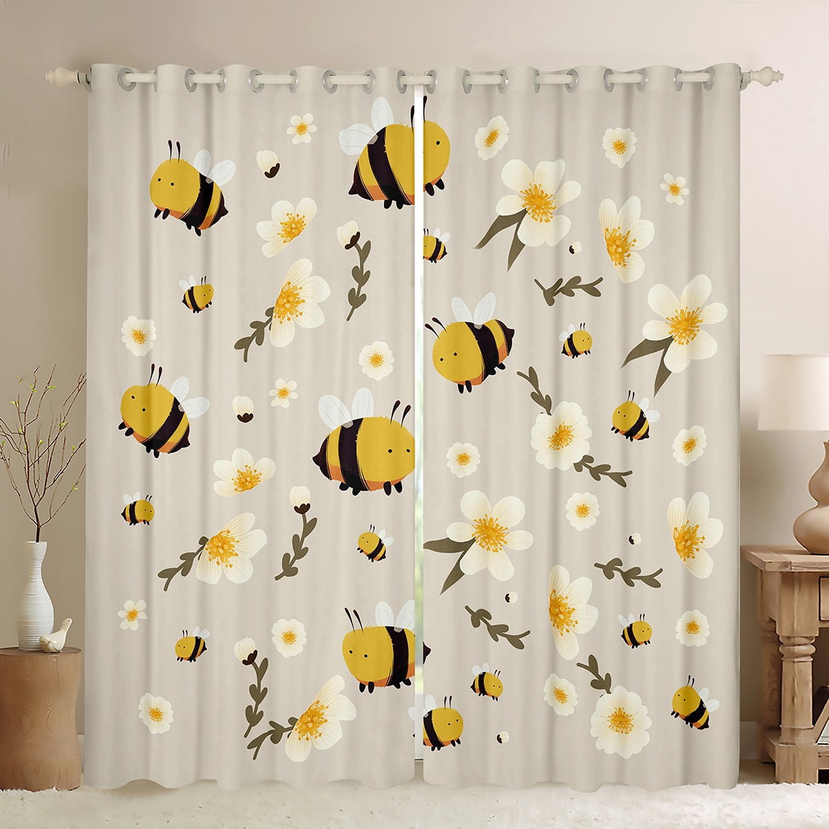 Cute Bee Curtains,Daisy Floral Window Curtain Teens Room Decor,Rustic ...