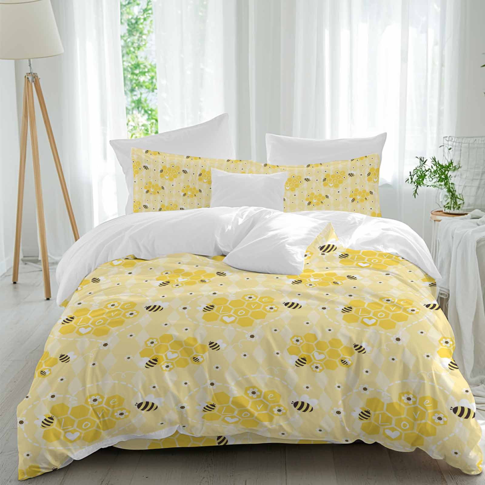 Cute Bee Full Size Comforter Set, Love Honeycomb Heart Yellow ...