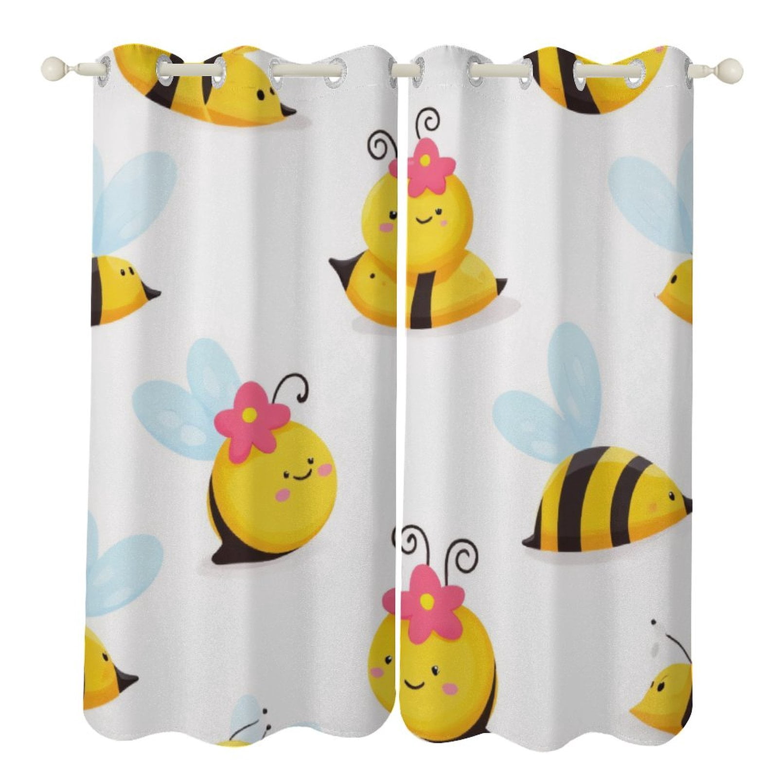 Cute Bee Pattern with Flowers 2 Panels 3D Printing Pattern Curtain for ...