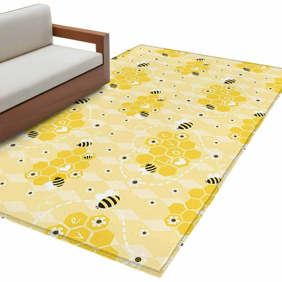 Cute Bee Washable Area Rug 3x5ft Love Honeycomb Heart Yellow Background ...