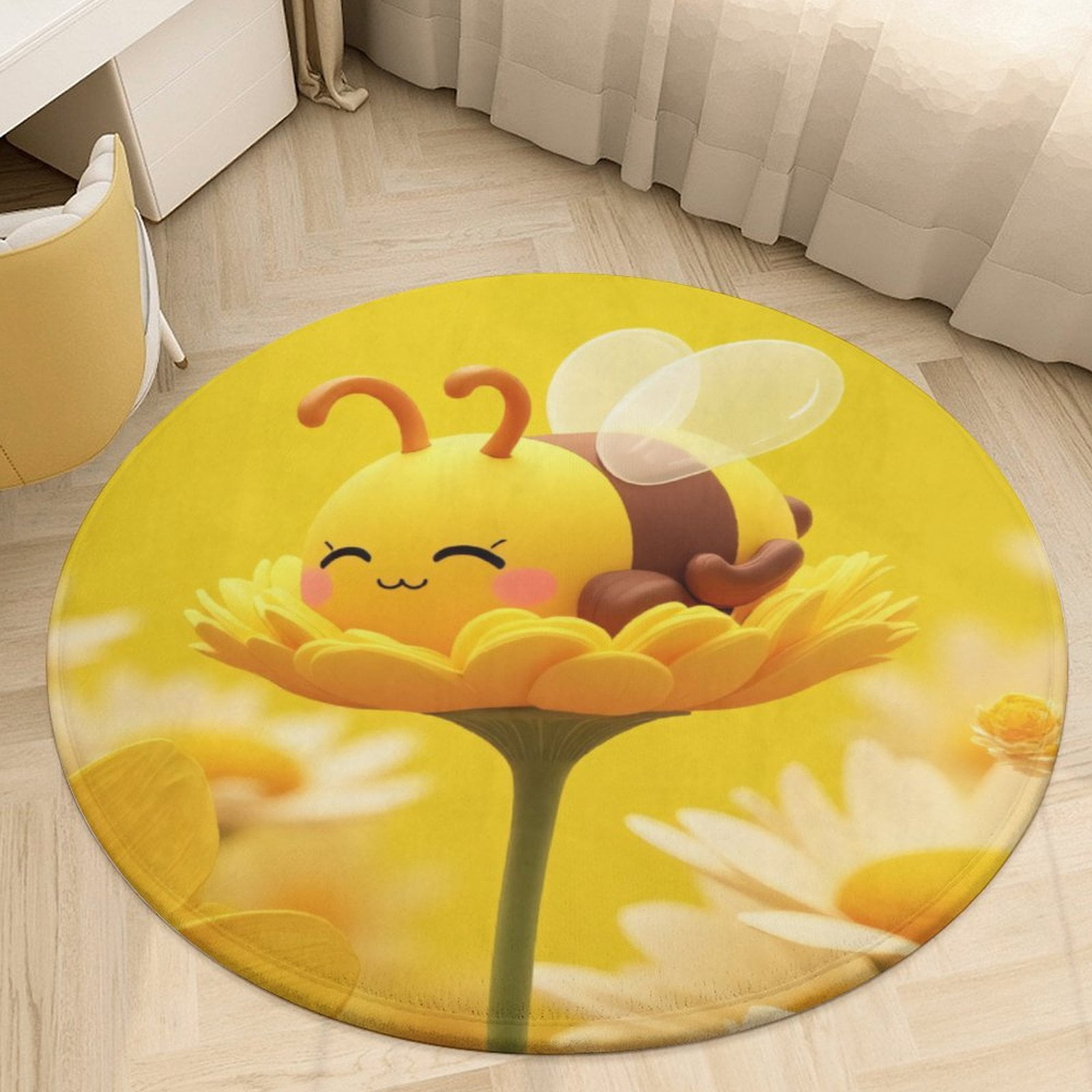 Cute Bee on Yellow Flower Round Area Rugs for Bedroom Living Room, 4FT ...