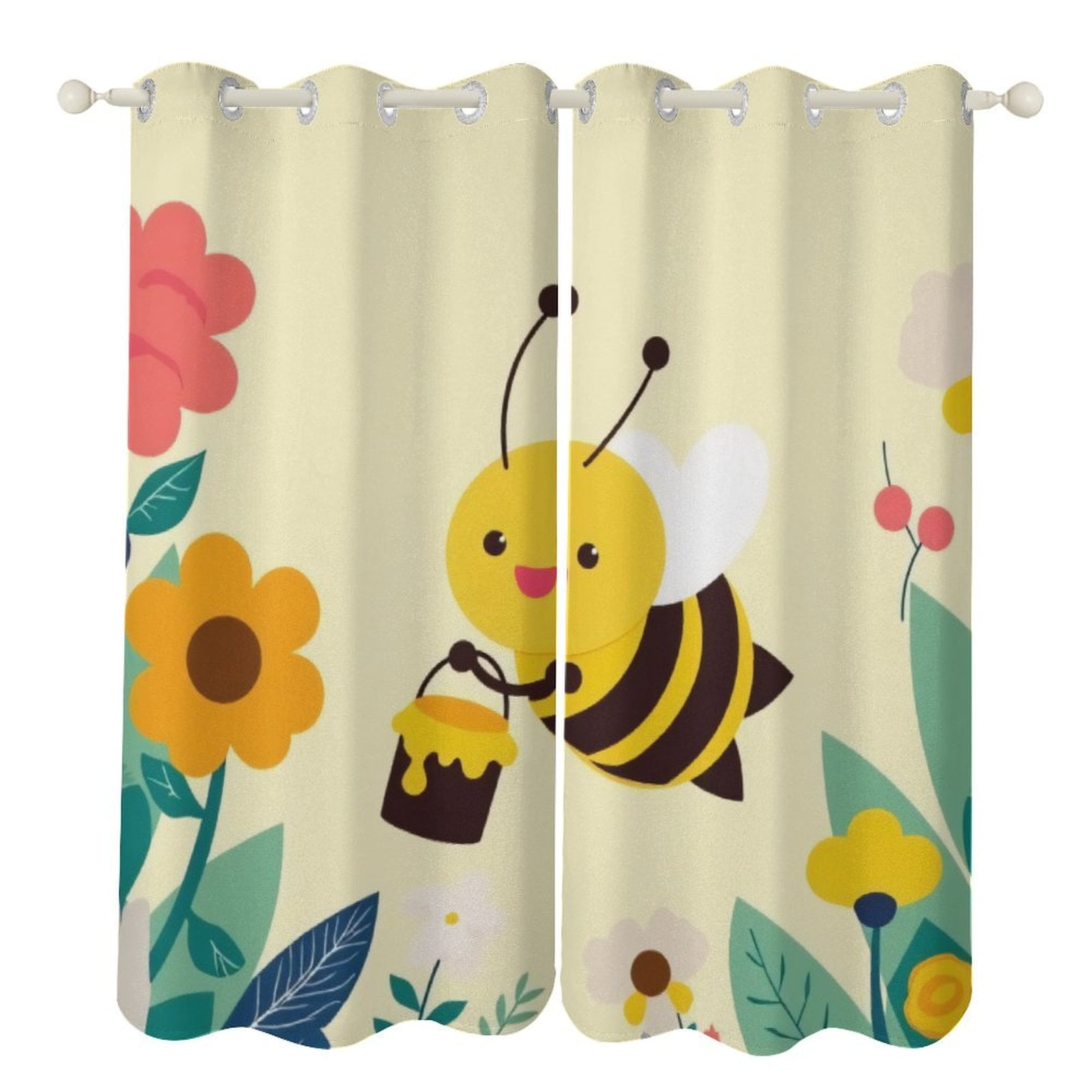 Cute Bee with Honey in Garden 2 Panels Curtains for Bedroom Living Room ...