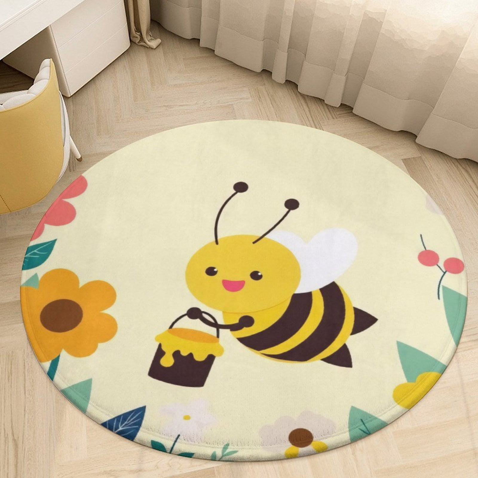 Cute Bee with Honey in Garden Round Area Rugs for Bedroom Living Room ...
