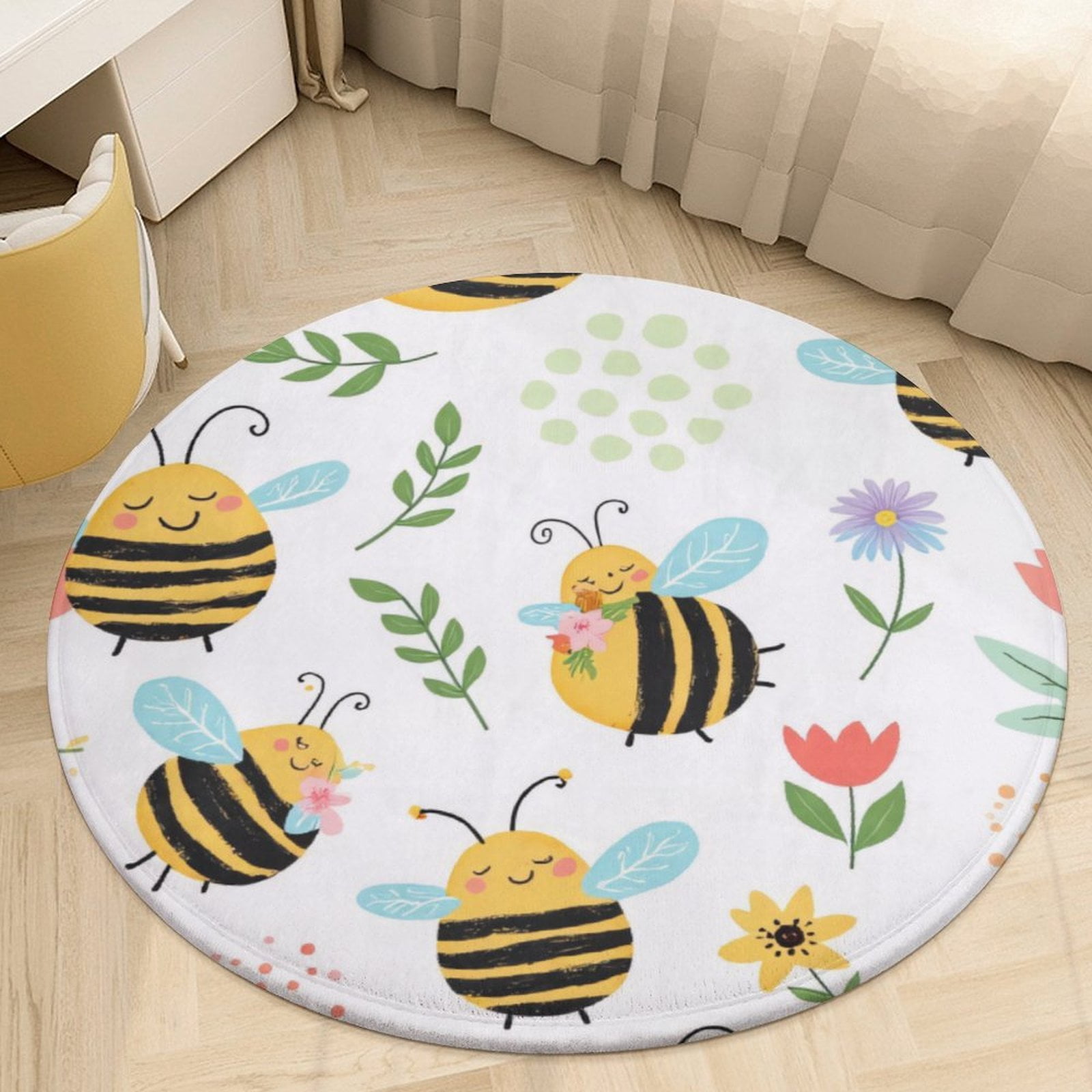 Cute Bees And Flowers Pattern(2) Round Area Rugs for Bedroom Living ...