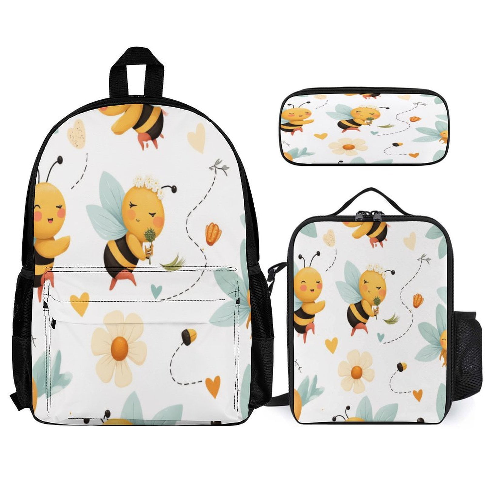 Cute Bees And Flowers Pattern Backpack 3 Pieces with Lunch Box Pencil ...