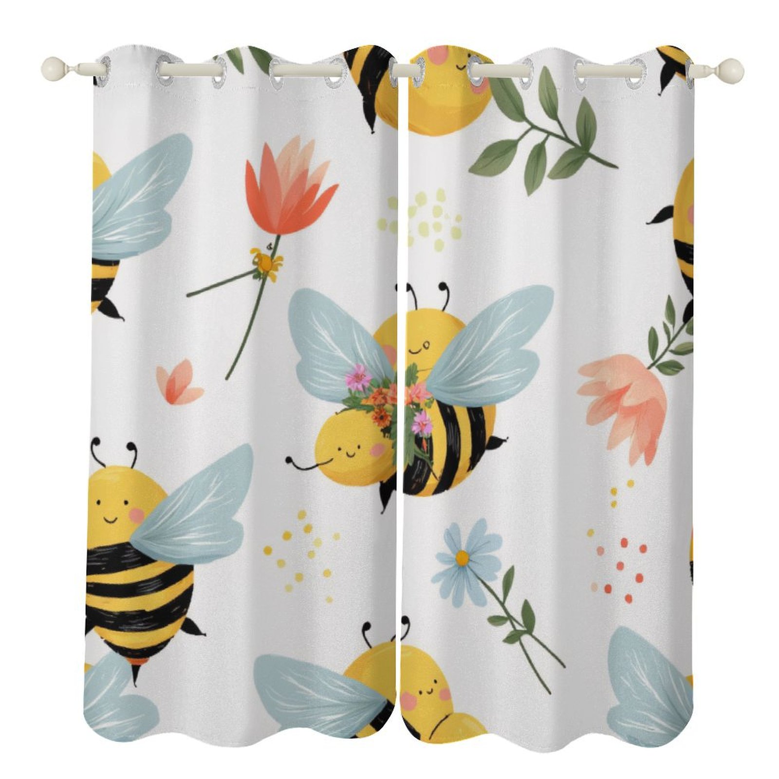 Cute Bees And Flowers Pattern Luxury Window Curtains Blinds for Living ...