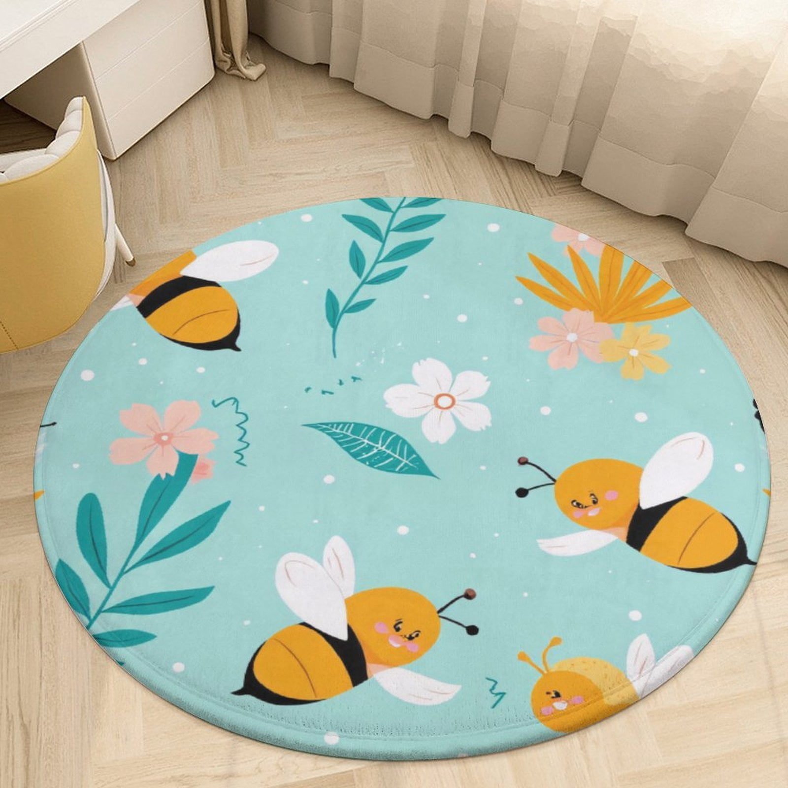 Cute Bees And Flowers Pattern Round Area Rugs for Bedroom Living Room ...