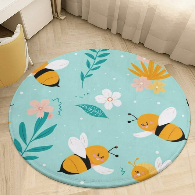 Cute Bees And Flowers Pattern Round Area Rugs for Bedroom Living Room ...