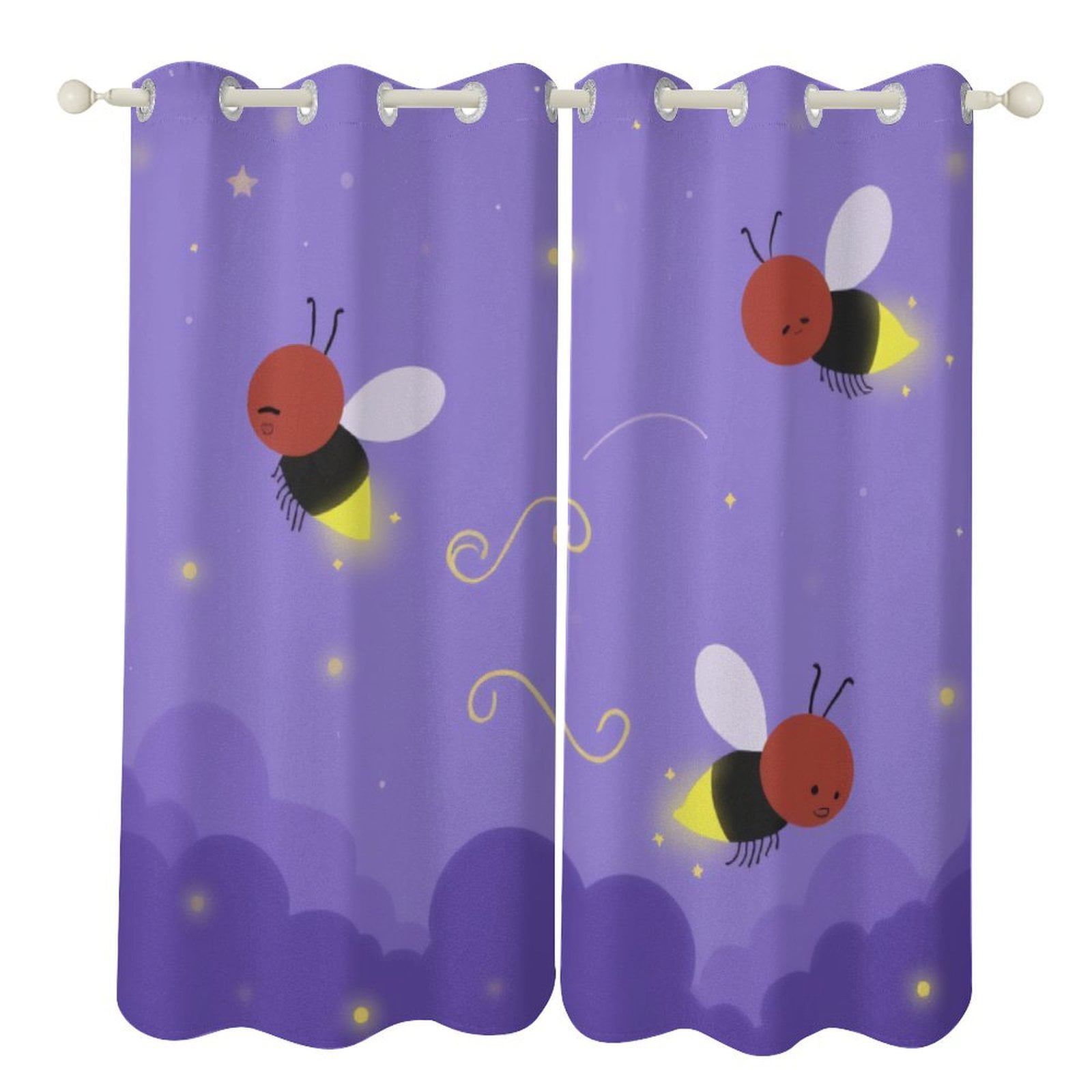 Cute Bees Flying in Night Sky 2 Panels 3D Printing Pattern Curtain for ...