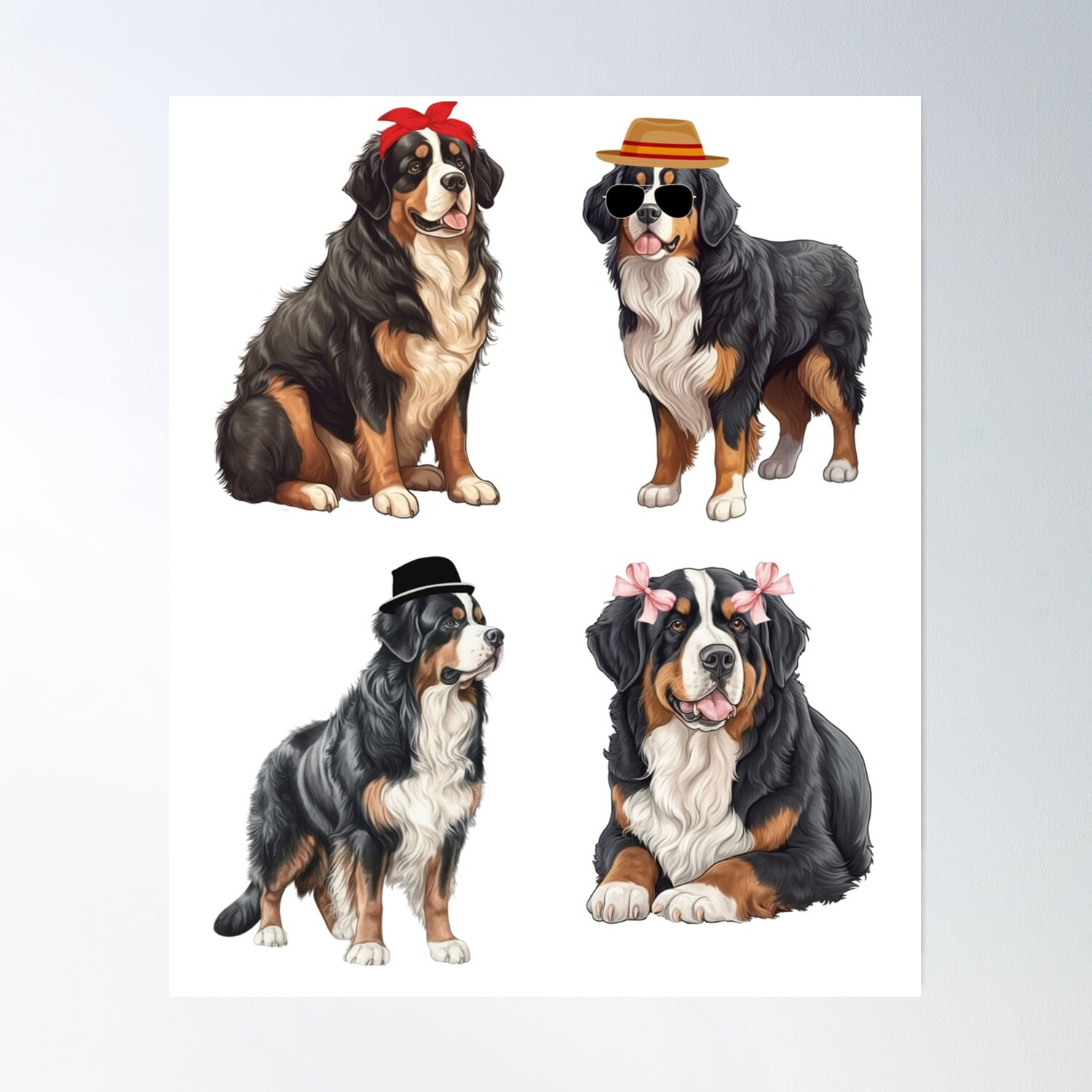 Cute Bernese Mountain Dogs Wearing Accessories Poster Wall Art, Modern Wall Decor, 12x18 ...