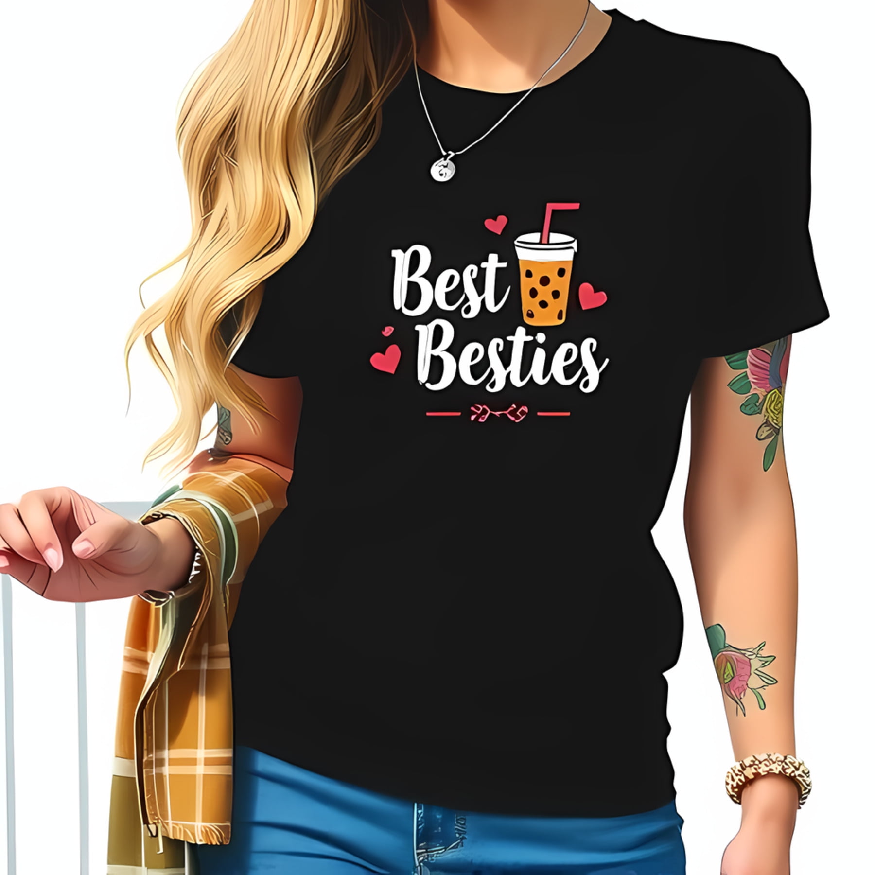 Cute " Best Besties " Graphic Cotton Short Sleeve T-Shirt with Tea and ...