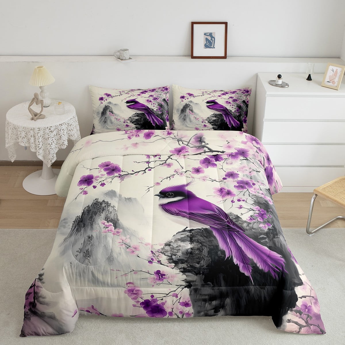 Cute Bird Comforter Set Queen Size,Purple Floral Mountain Bedding Set ...