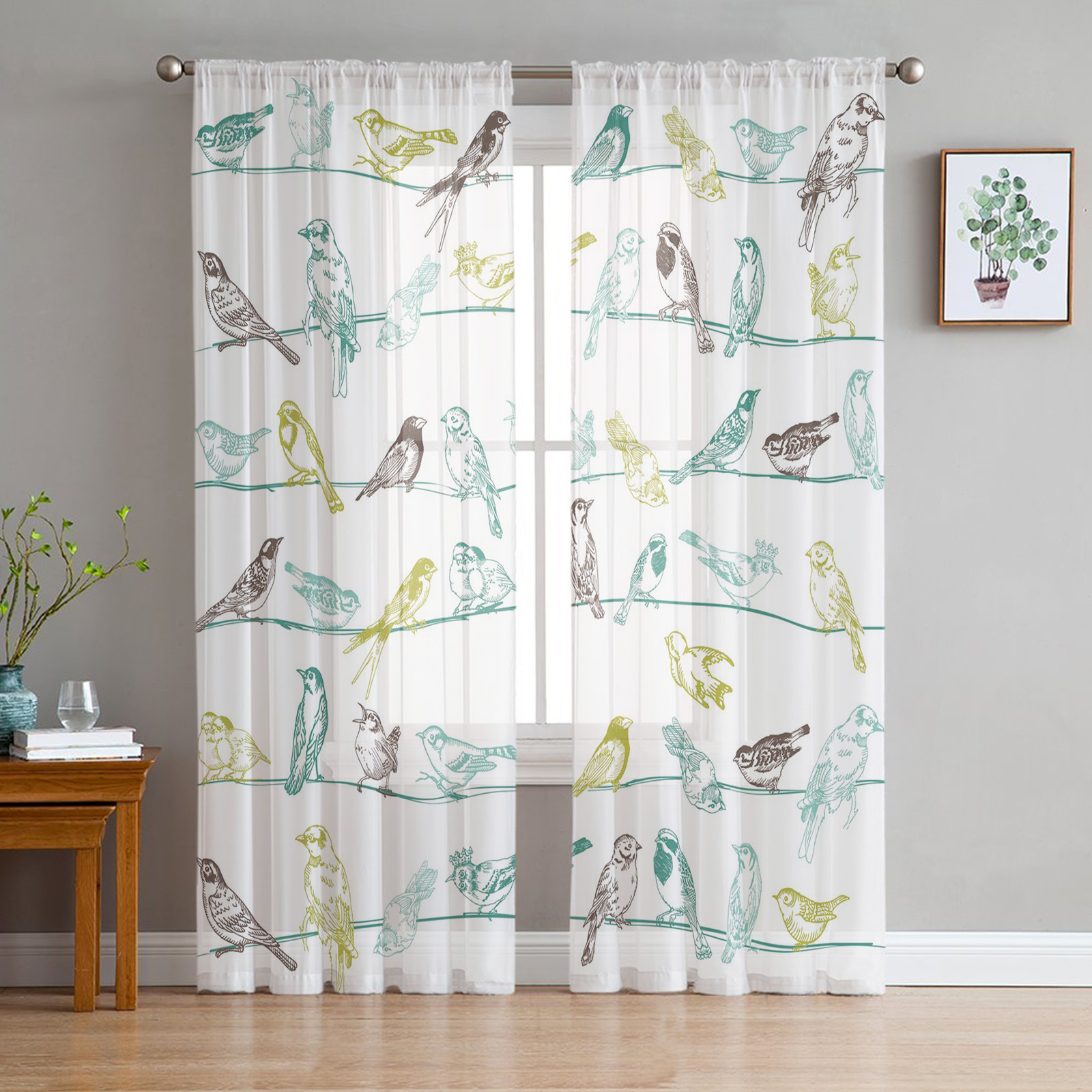 Cute Bird Electric Light Illustration Tulle Curtains for Living Room ...