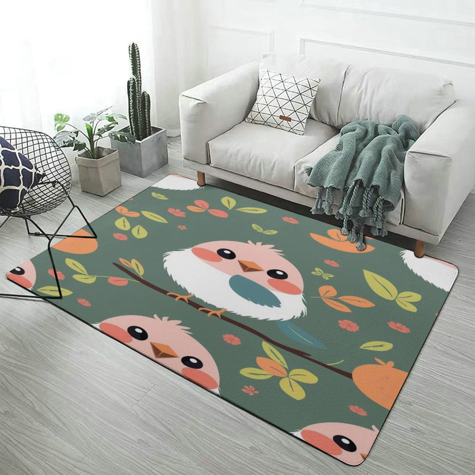 Cute Bird Floral Pattern Rug Non-Slip Floor Carpet for Living Room ...