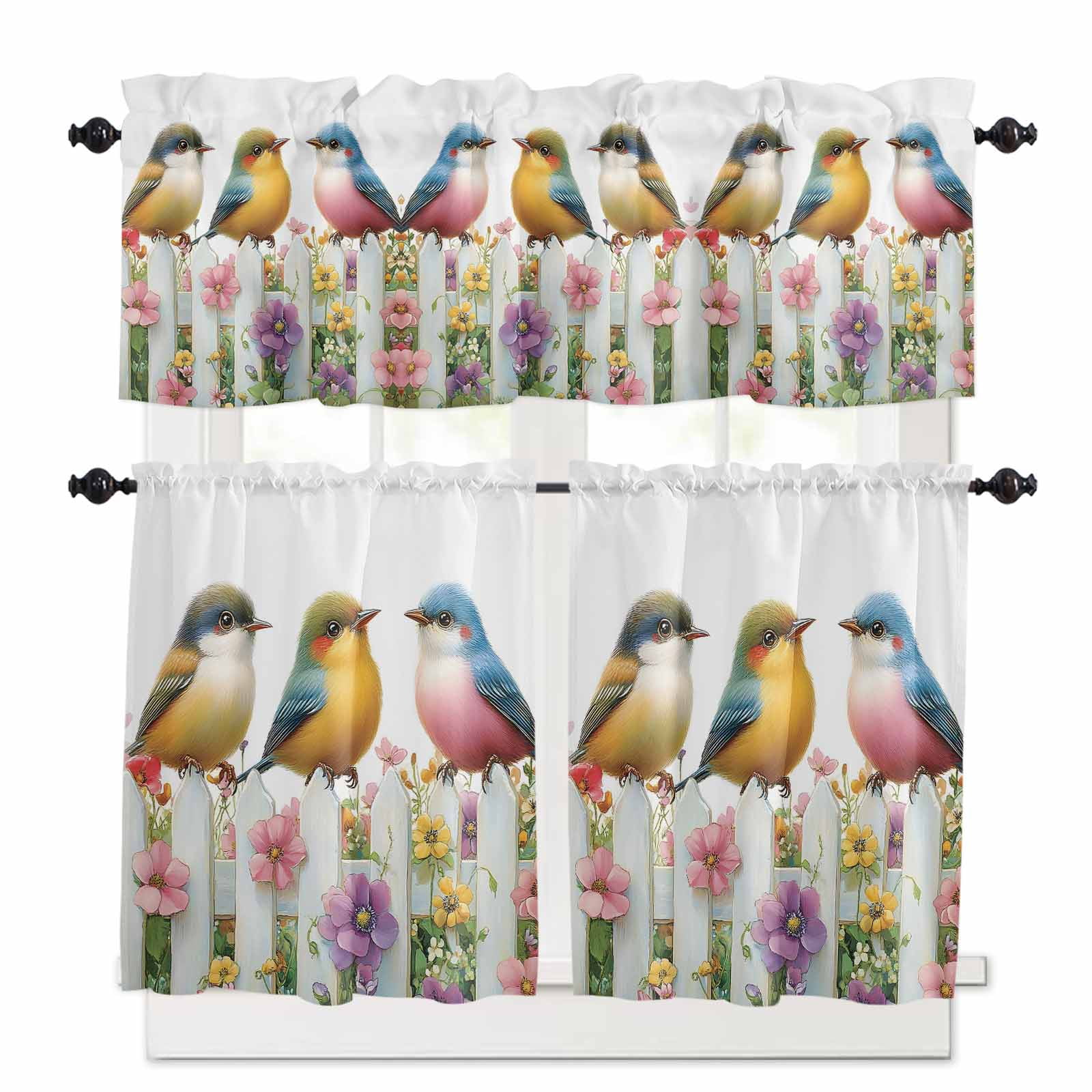 Cute Bird Kitchen Curtains Valances and Tiers Set of 3 Spring Pink ...