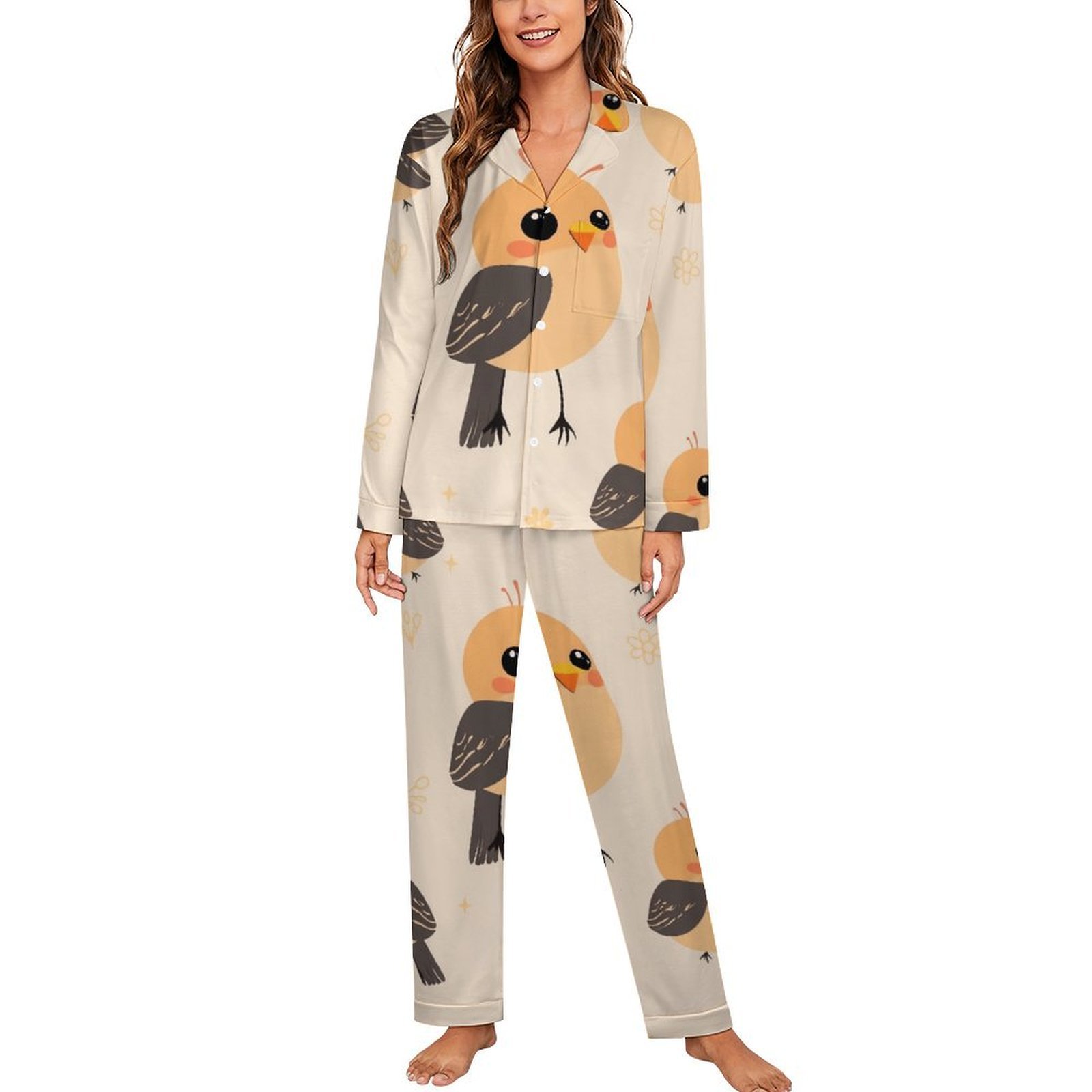 Cute Bird Pattern Background Pajamas Long-Sleeve Two Piece Pajamas Set ...