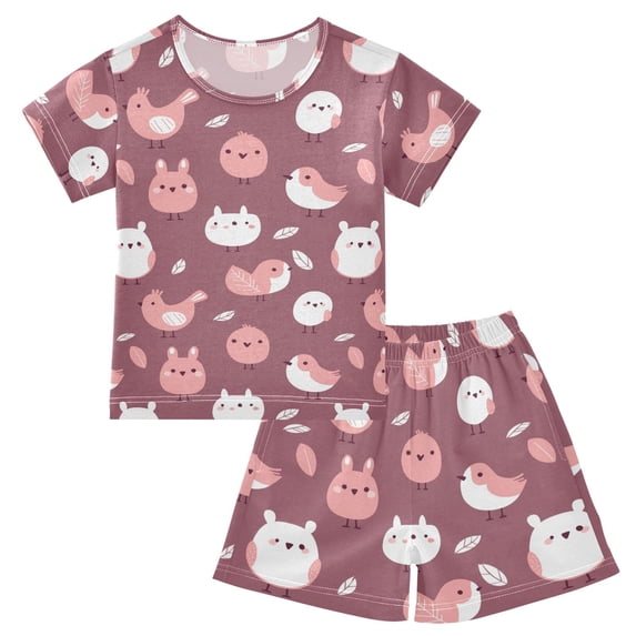 Cute Bird Pattern Summer Pajama Set Soft Cotton Short Sleeve Sleepwear ...