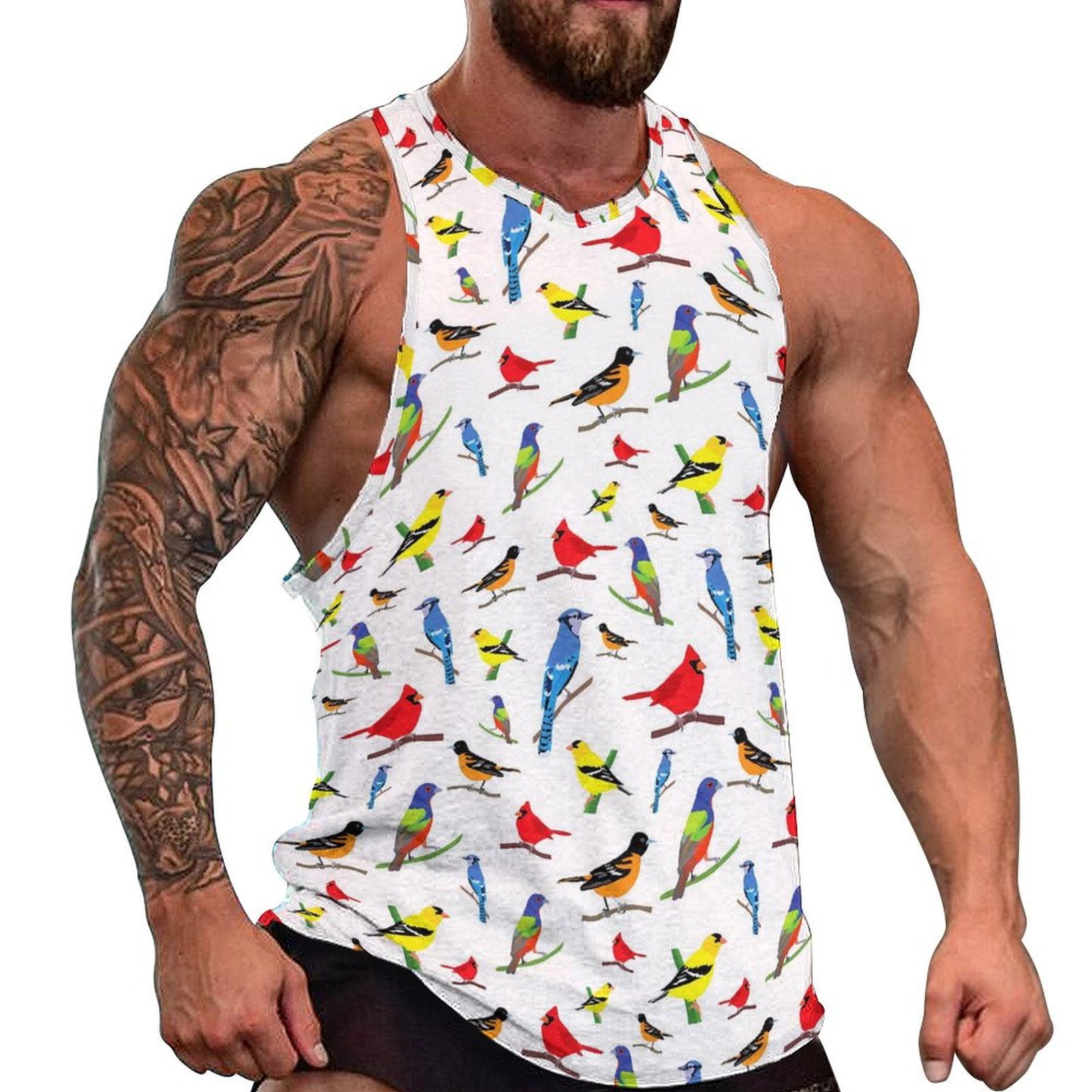 Cute Bird Tank Top Males White Flower Print Trendy Tops Daily ...