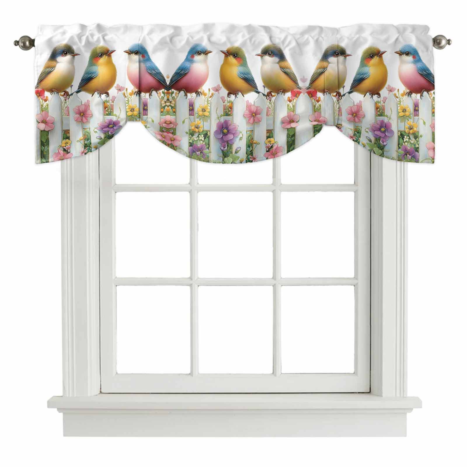 Cute Bird Tie Up Valance for Windows, Spring Pink Flower White Fence ...