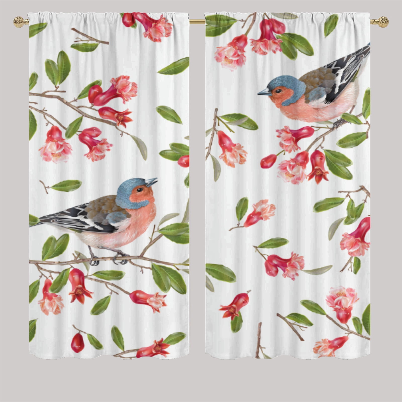 Cute Birds Rod Pocket Blackout Curtains Watercolor Birds Branch Botanical Lovely Birds Thermal ...