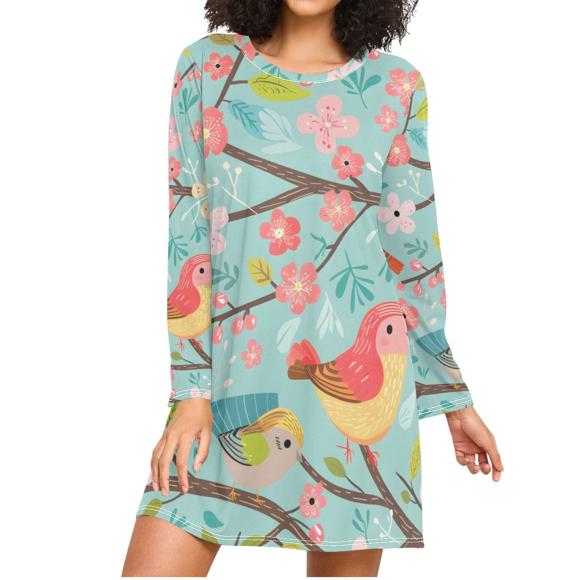 Cute Birds Branches Leaves Flowers Spring Women's Long Sleeves ...