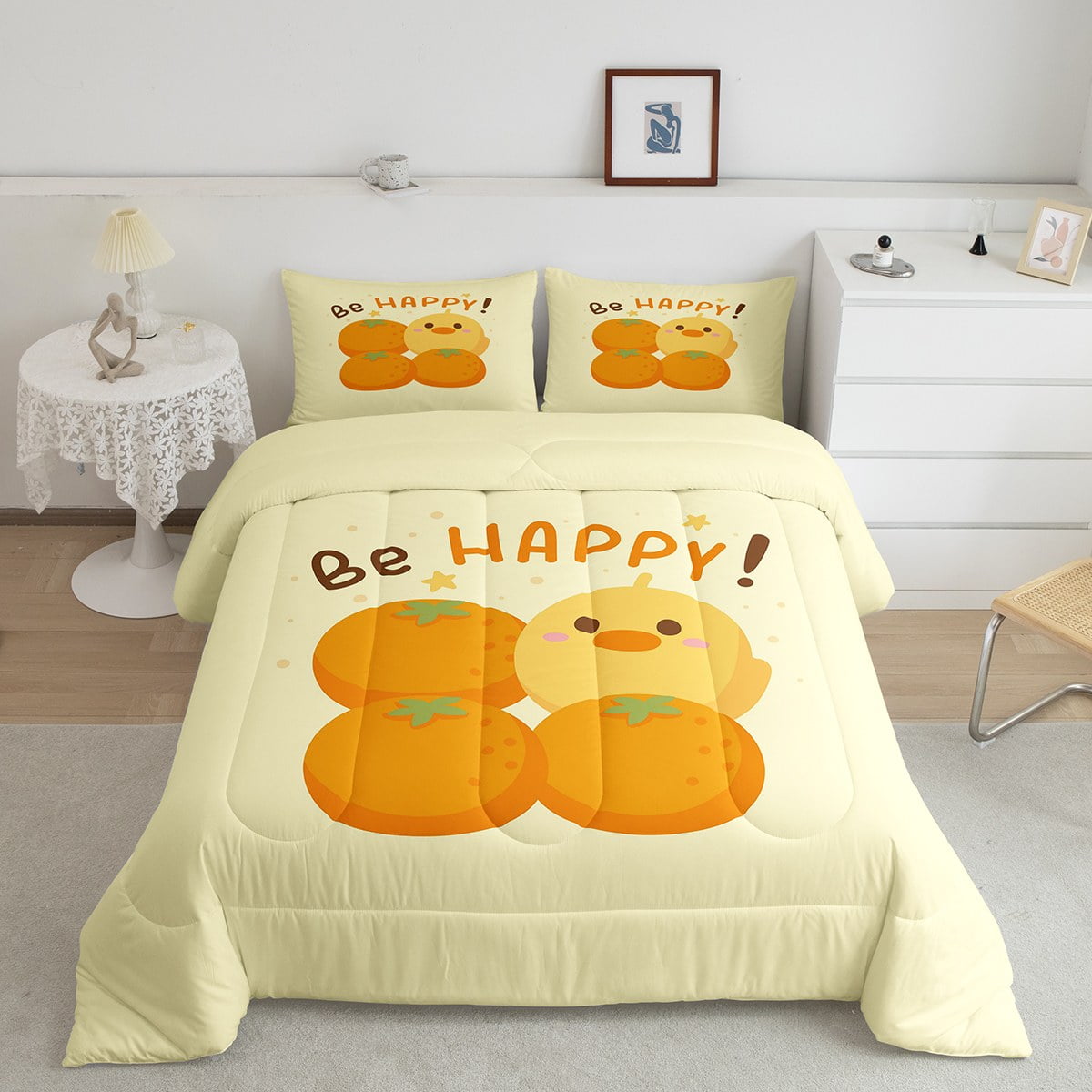Cute Birds Comforter Set Kawaii Bird with Oranges Bedding Twin Size ...