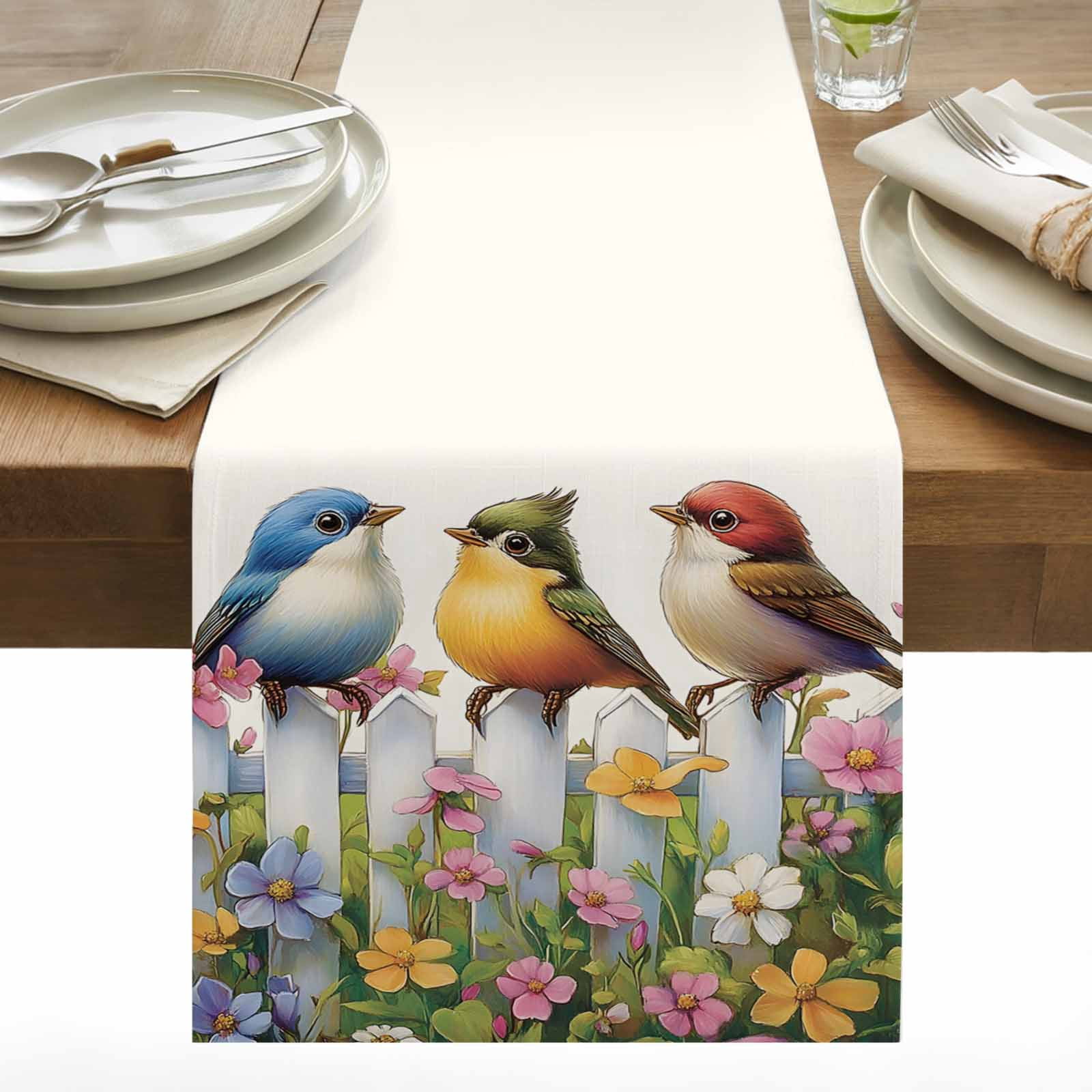 Cute Birds Cotton Linen Table Runner Floral Fence Dining Table Runners ...