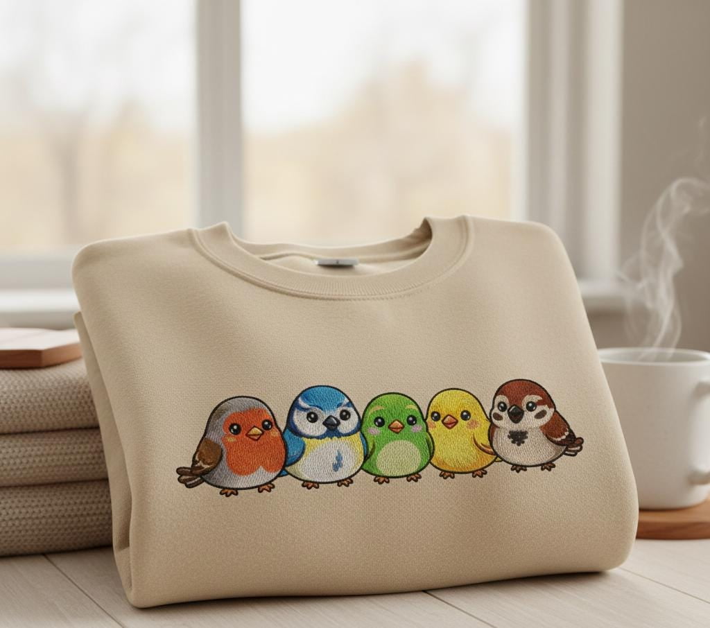 Cute Birds Embroidered Sweatshirt, Colorful Bird Line Art Sweater, Cozy ...