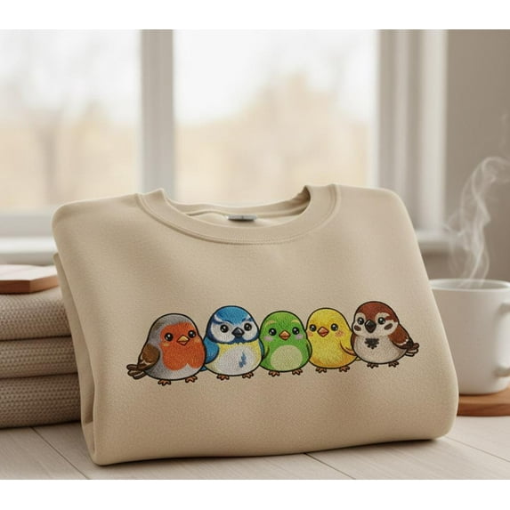 Cute Birds Embroidered Sweatshirt, Colorful Bird Line Art Sweater, Cozy ...