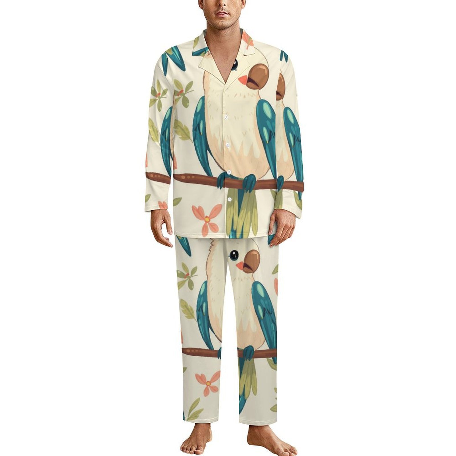 Cute Birds Floral Pattern Pajama Set Autumn Soft Home Sleepwear Man 2 ...