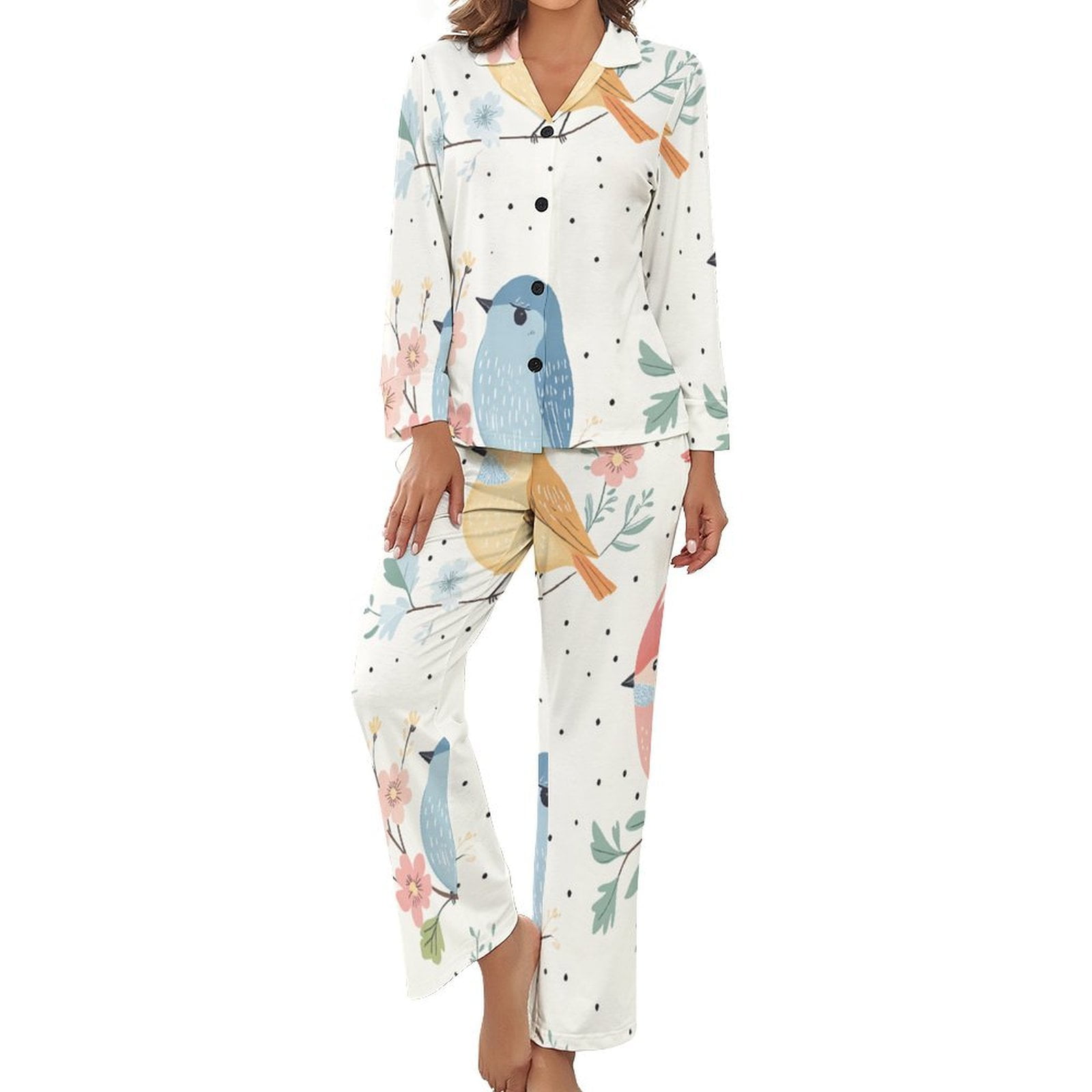 Cute Birds Flowers Branches Pattern Pajamas Woman Vintage Pajamas Set 2 ...