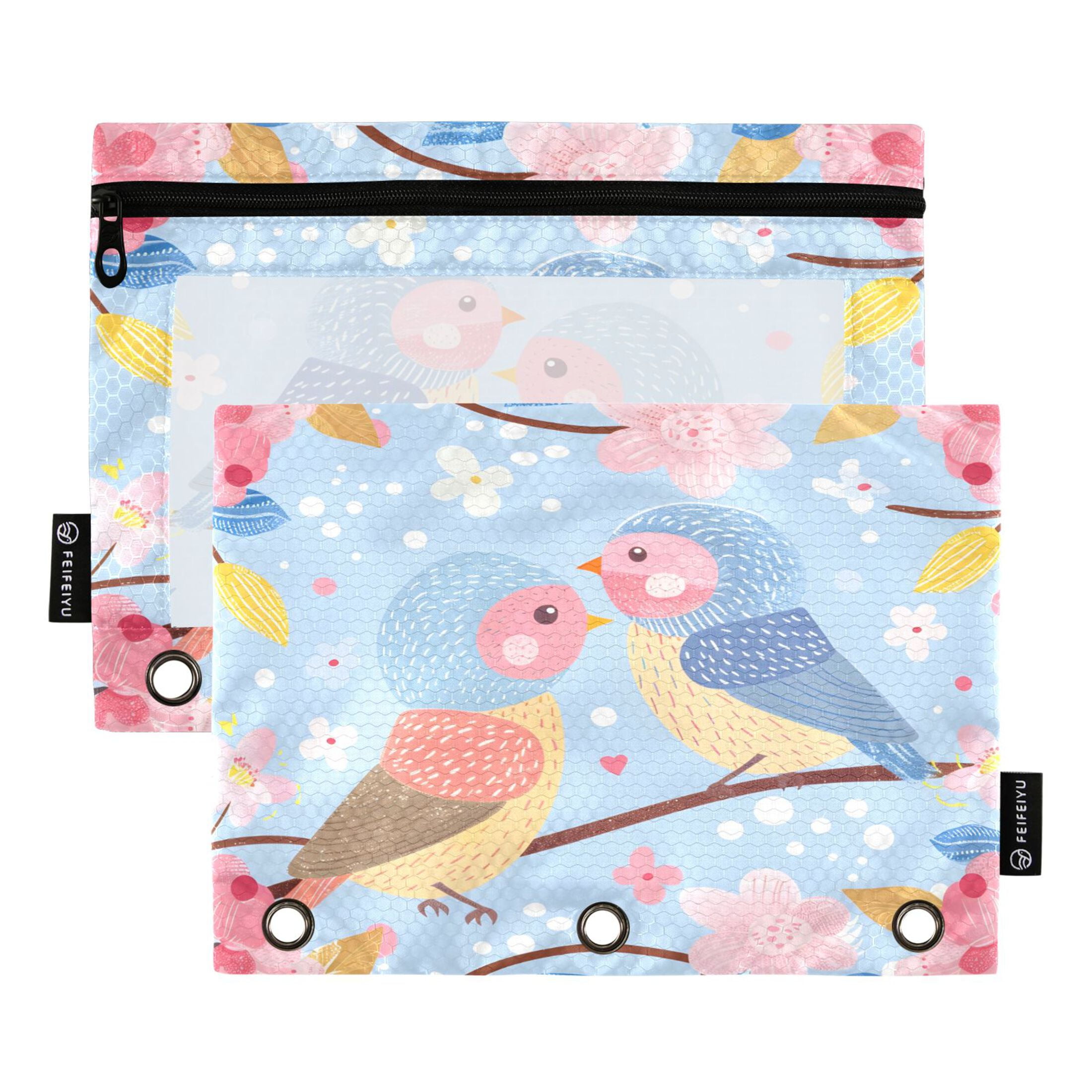 Cute Birds Sitting Branch 2 Pack Pencil Pouch for 3 Ring Binder Smooth ...