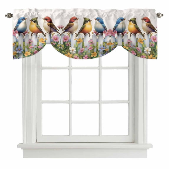 Cute Birds Tie Up Valance for Windows, Floral Fence Adjustable Rod ...