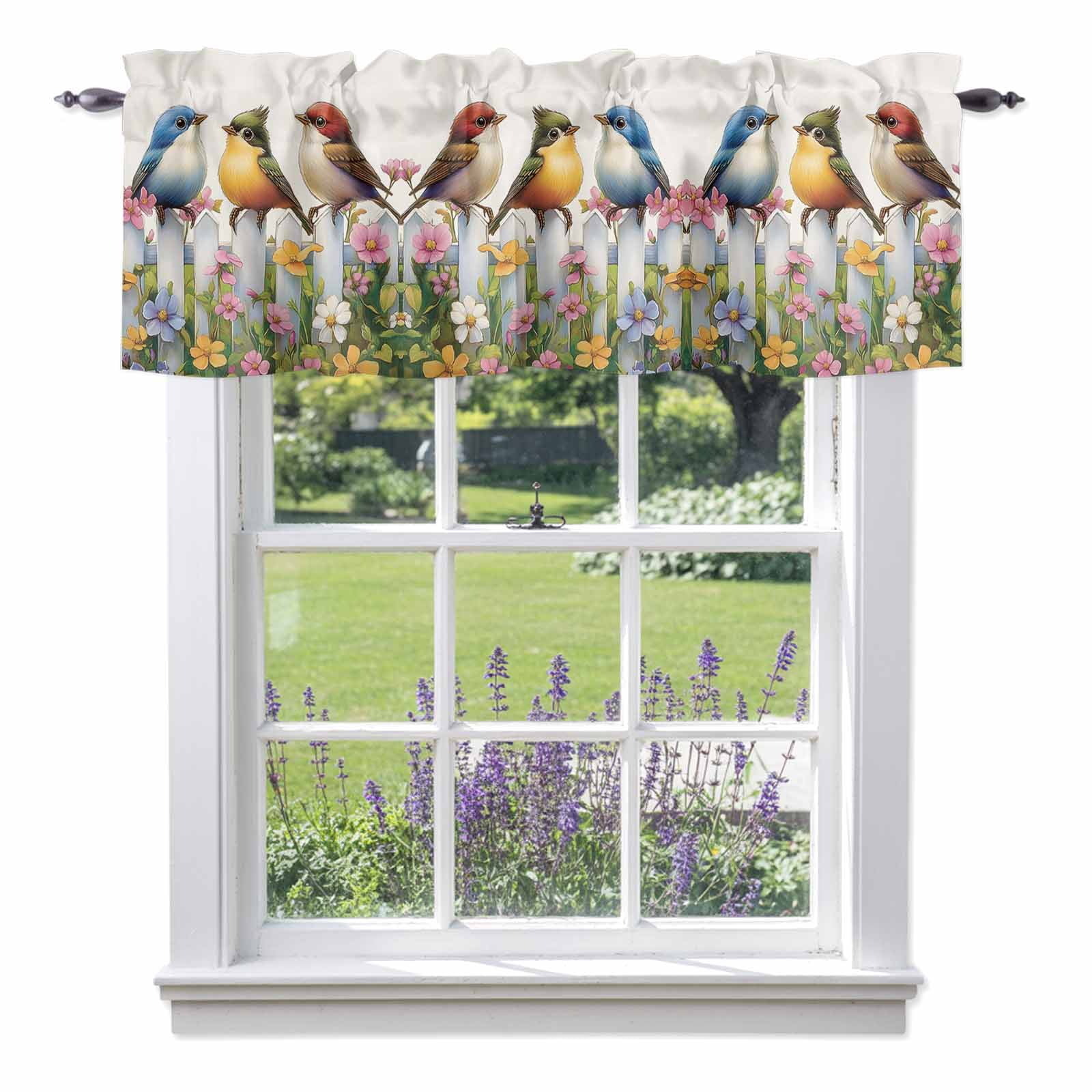 Cute Birds Valance Curtain Floral Fence Window Valances Rod Pocket ...