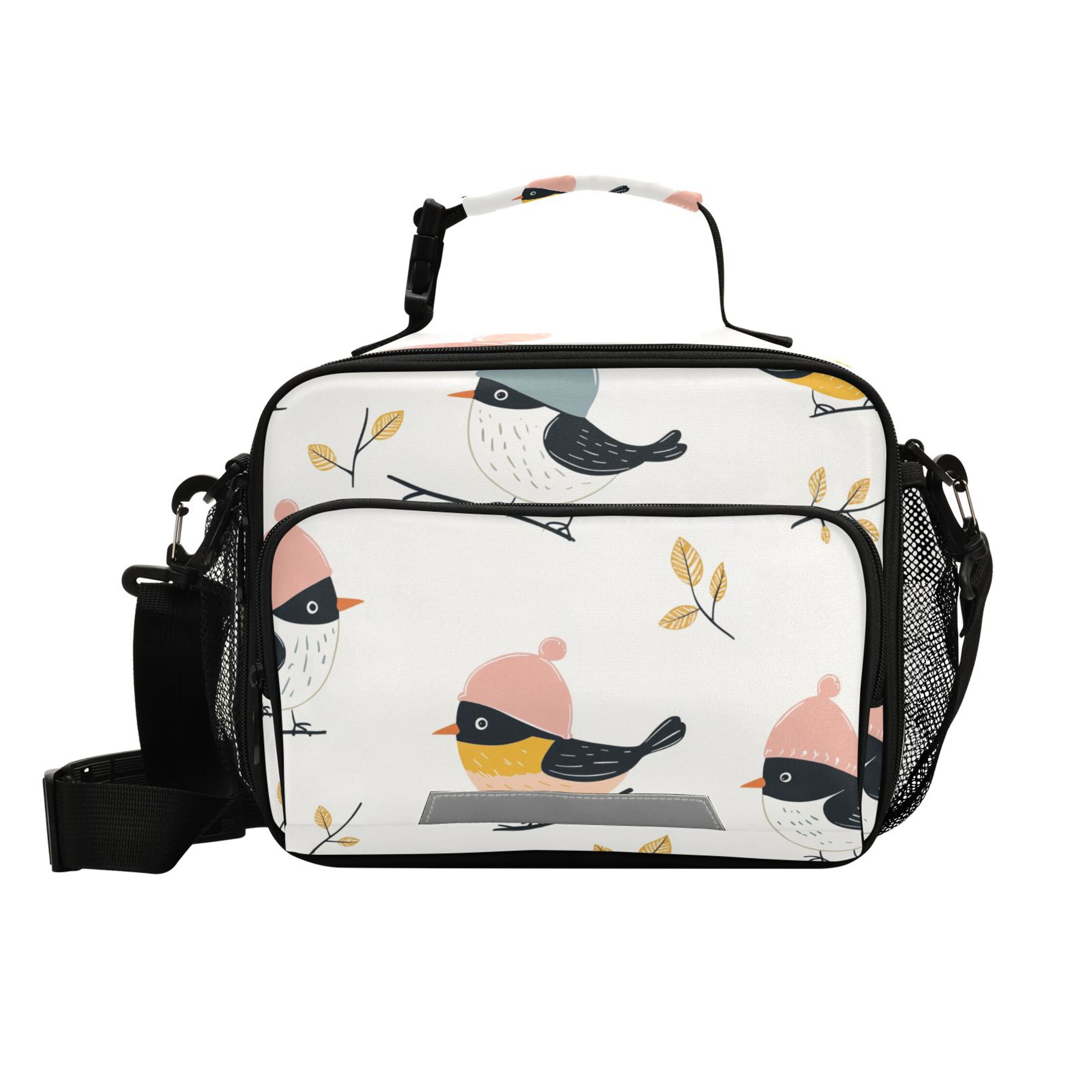 Cute Birds Wearing Hats Leaves Insulated Lunch Bag Portable Cooler Bag ...