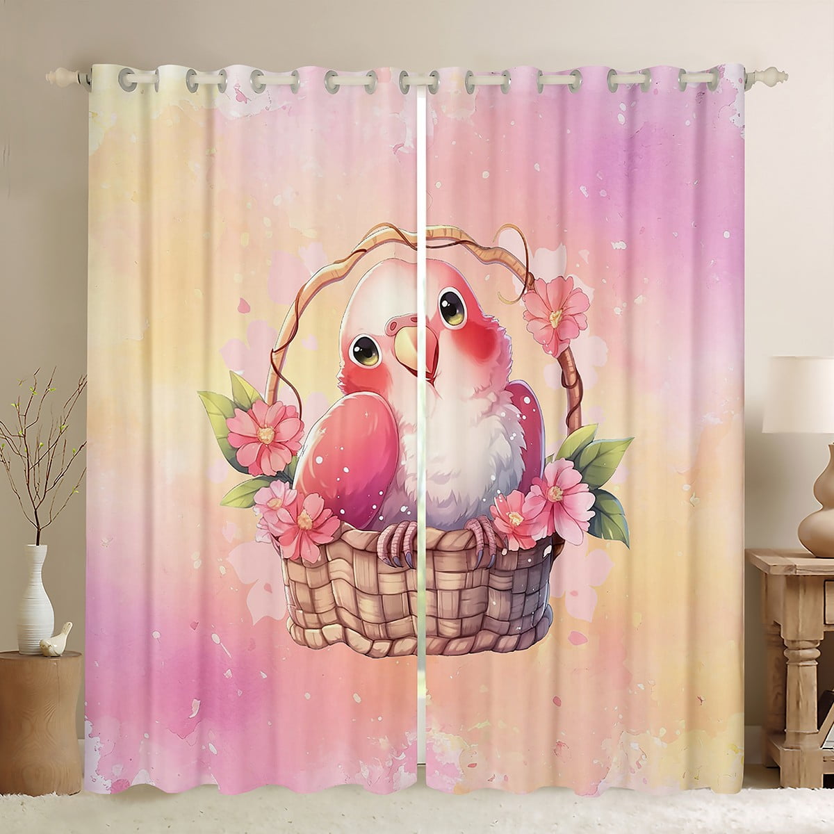 Cute Birds Window Curtain Tropical Cartoon Animal Window Treatment ...