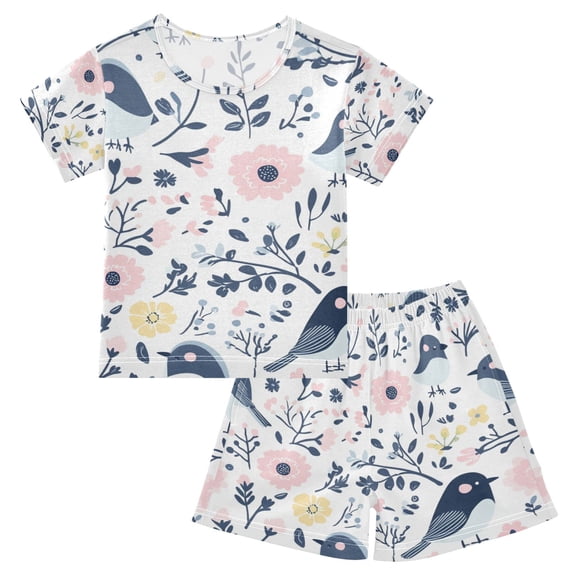 Cute Birds and Flowers Summer Pajama Set Soft Cotton Short Sleeve ...