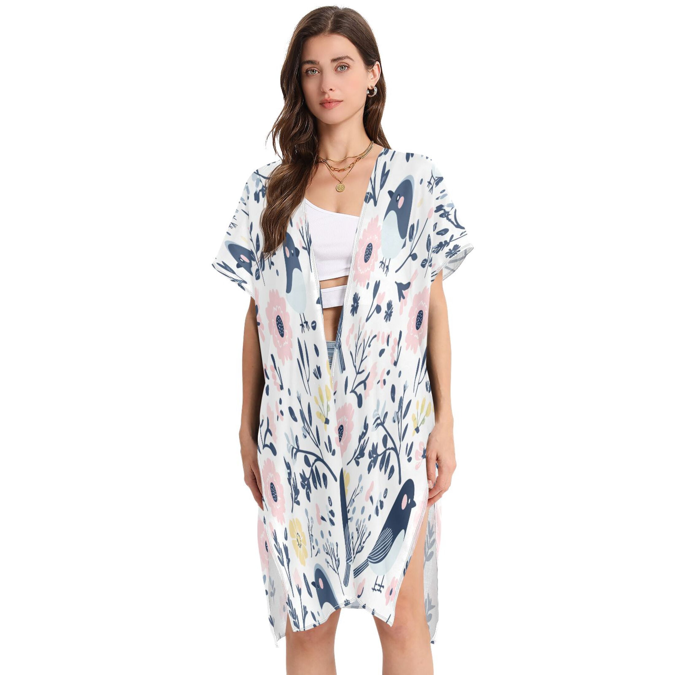 Cute Birds and Flowers Women's Swimwear Cover Up Summer Cardigan Beach ...