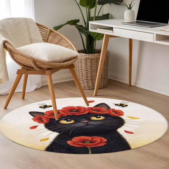 Cute Black Cat 3.3ft Round Rug for Bedroom Reading Corner, Red Flower ...