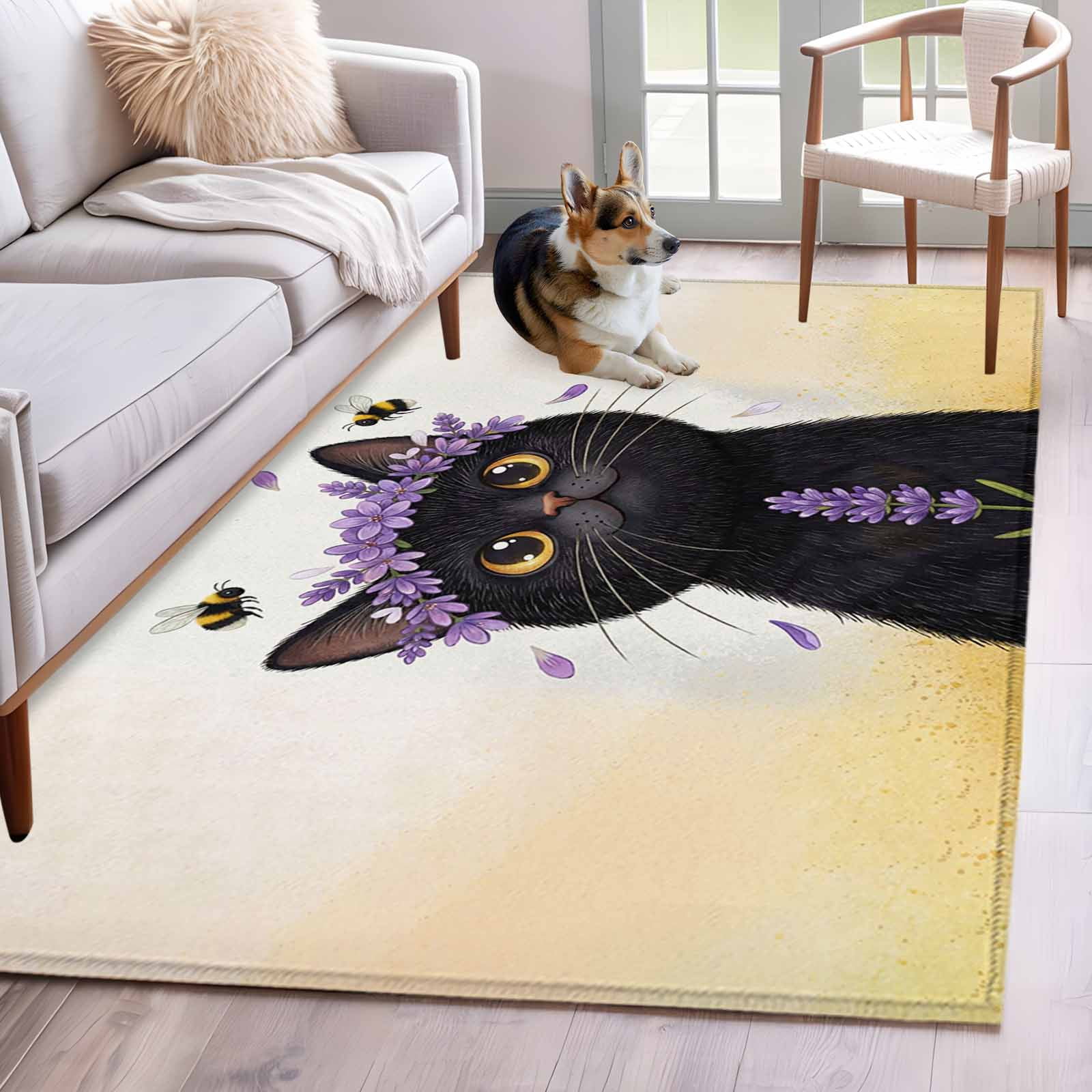 Cute Black Cat 3x5 Area Rugs for Living Room, Purple Lavender Flower ...